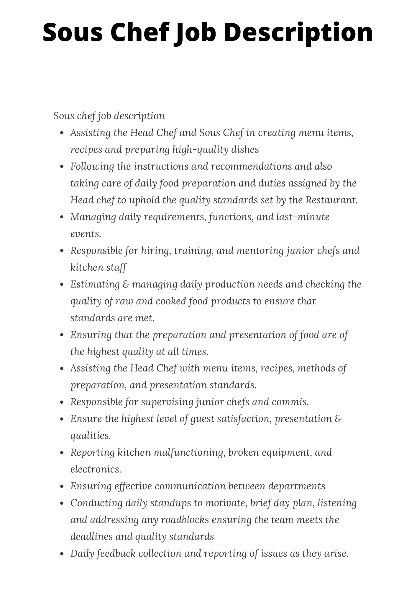 Sous Chef Job Description Template | Sous Chef Roles & Responsibilities
