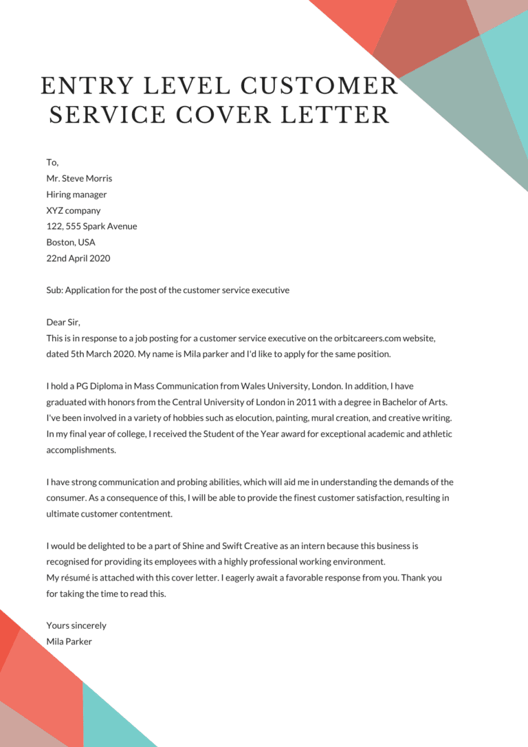 Entry Level Customer Service Cover Letter Example | Download Free