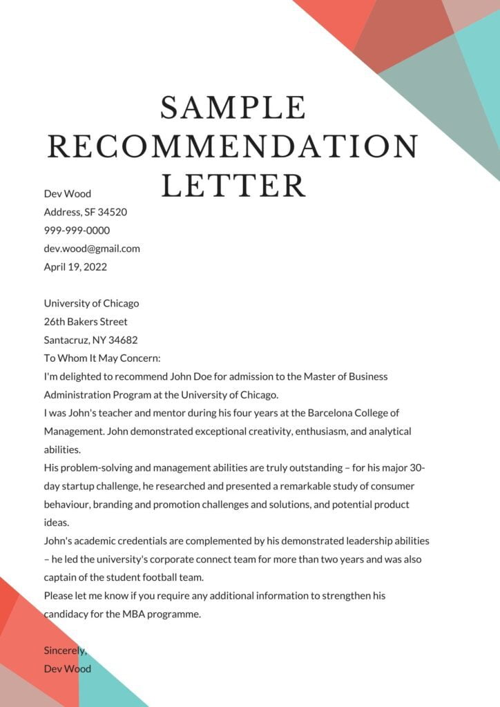 Recommendation Letter Templates | Download Free Samples