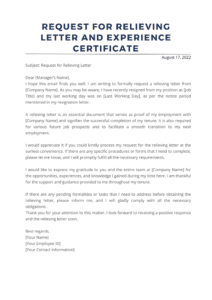 Request for Relieving Letter and Full and Final Settlement Email